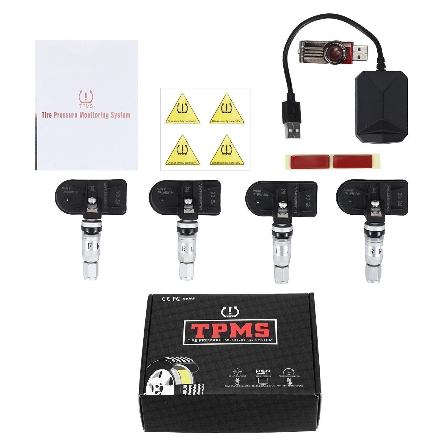TPMS Car Tire Pressure System Monitoring Wireless Android USB Alarm + 4 ...