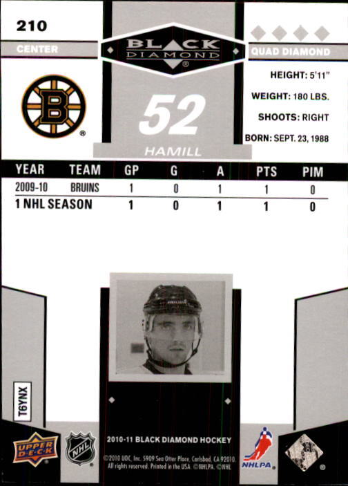 2010-11 Black Diamond Boston Bruins Hockey Card #210 Zach Hamill Rookie ...