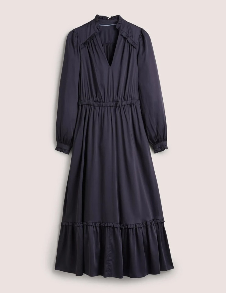 BODEN Pleat Detail Satin Midi Dress NAVY SIZE UK 8R RRP £130 D0304 ...