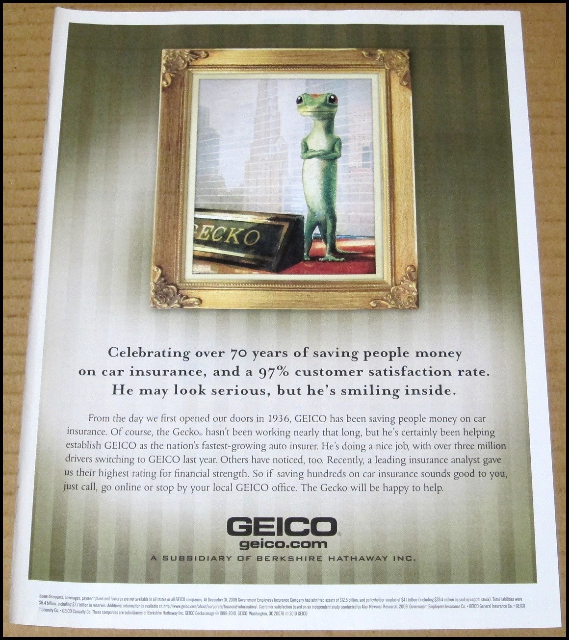 2010 GEICO Car Insurance Gecko Print Ad Advertisement Berkshire ...