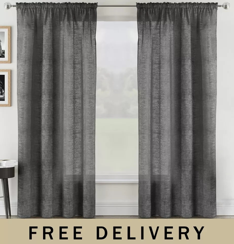 Dark Grey Thick Textured Linen Look Oslo Voile Slot Top Curtain Panel ...