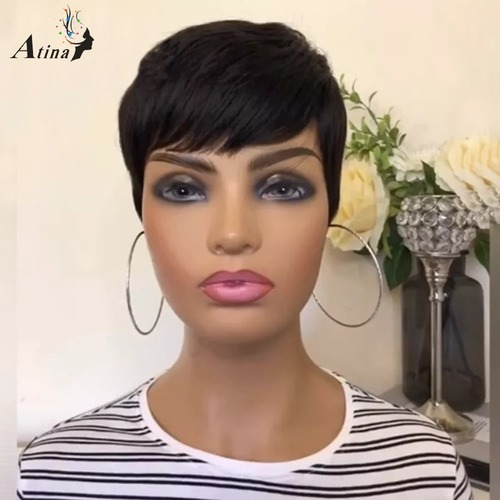 Full Machine Made Wig Human Hair Straight Pixie Cut Wig Atina Brazilian ...