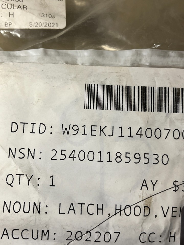 M998 HMMWV HOOD LATCH ASSEMBLY Humvee Hood Latch 1233889 2540-01-185 ...