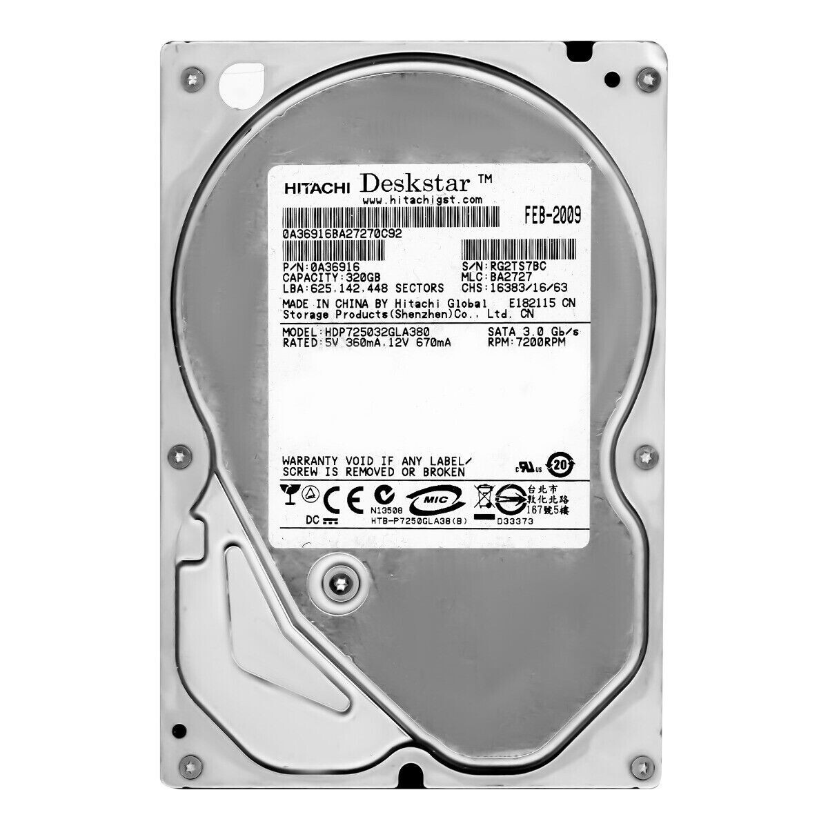 HITACHI DeskStar 320GB 8MB SATA II 3.5'' HDP725032GLA380 MLC:BA2727 P/N ...