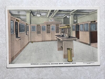 E164 Postcard MI Michigan Adrian Commercial Savings Bank Interior | eBay