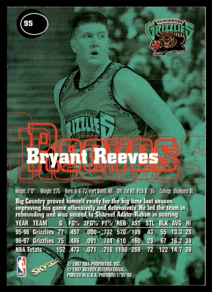 1997-98 SkyBox Premium Bryant Reeves Vancouver Grizzlies #95 | eBay