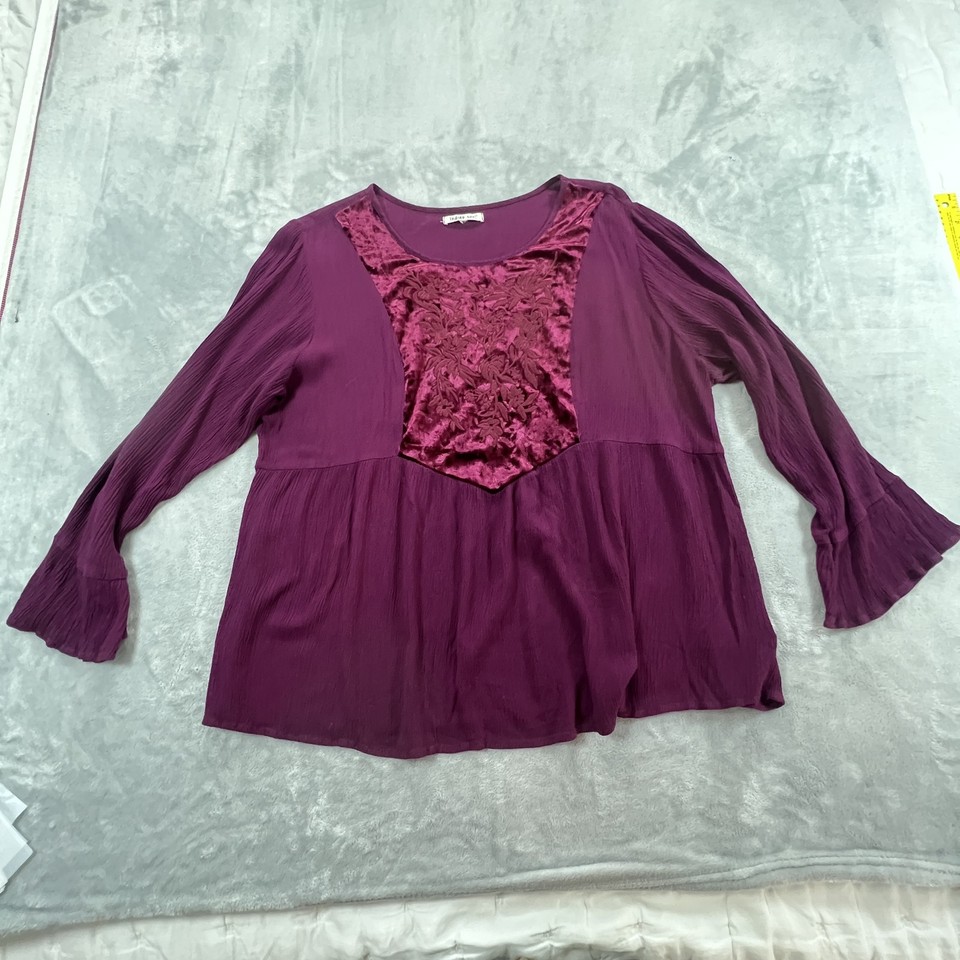 Indigo Soul Womens Boho Tunic Top Sz L Purple Velvet Bodice Bell Sleeve ...