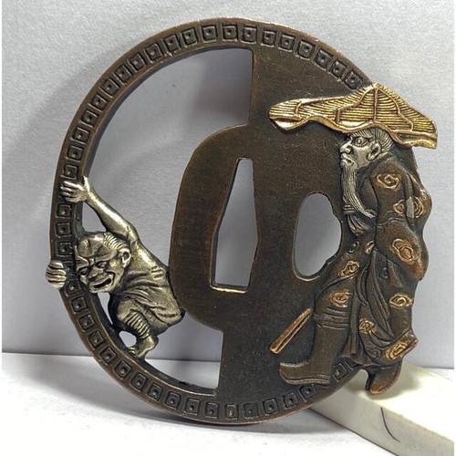Tsuba Samurai Sword Guard Japanese Cast Iron Catching Sennin Demon ...