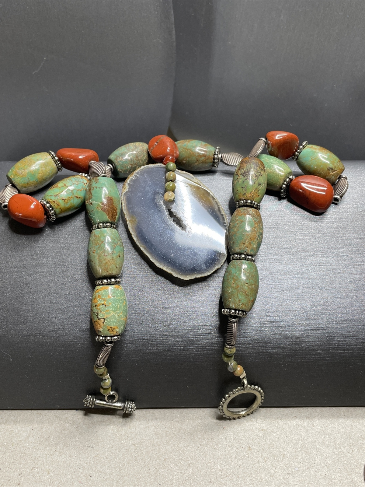 Red Jasper & Agate Slice Pendant 20” Necklace Natural Stone & Ceramic ...