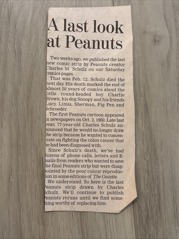Charles Schulz Last Peanuts Comic Strip Feb. 2000, Snoopy Charlie Brown ...