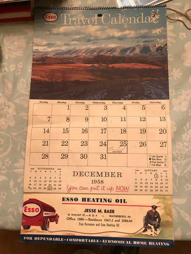 1958 ESSO TRAVEL CALENDAR ESS0 NHEATING OIL JESSE BAER WAYNESBORO PA ...