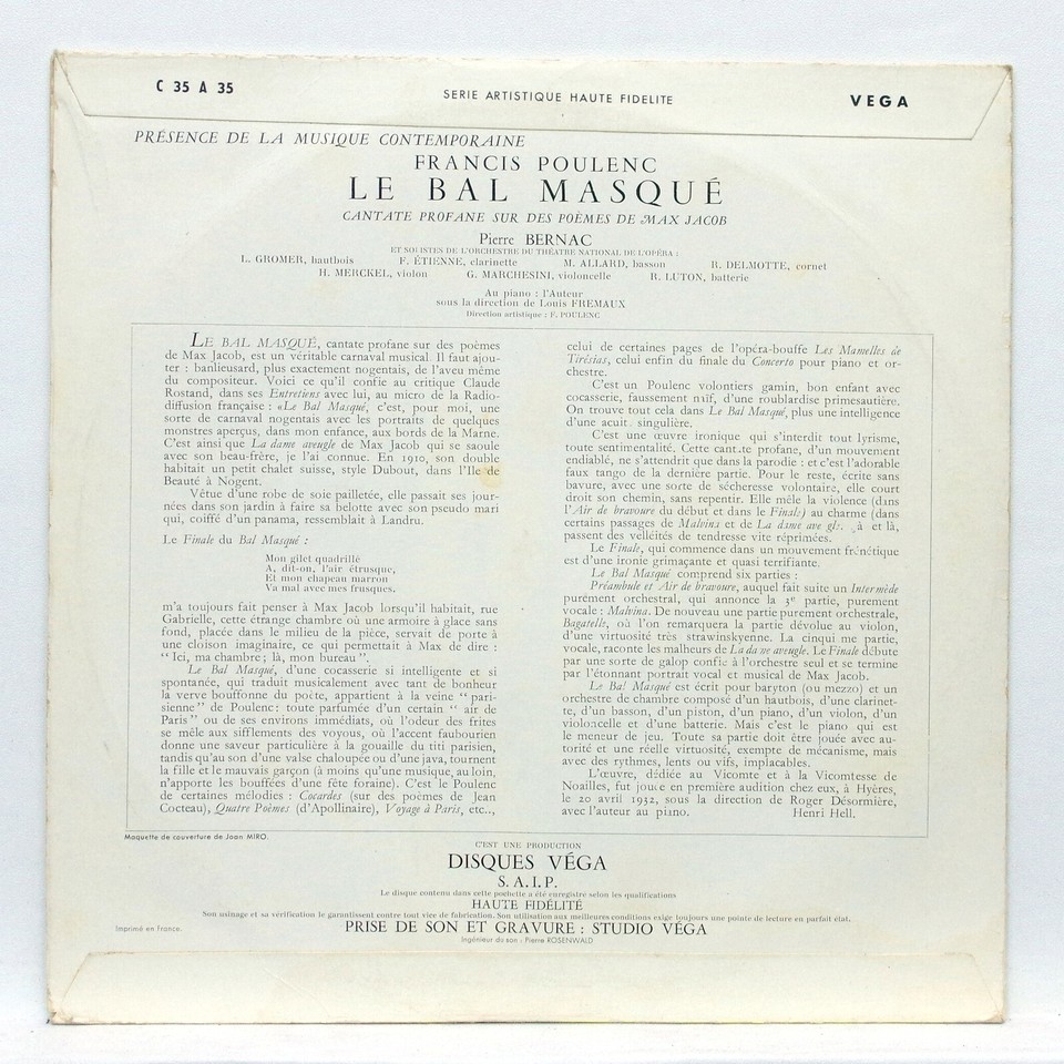 HENRY MERCKEL, BERNAC ⸺ POULENC le bal masque ⸺ VEGA 10" LP EX+ | eBay