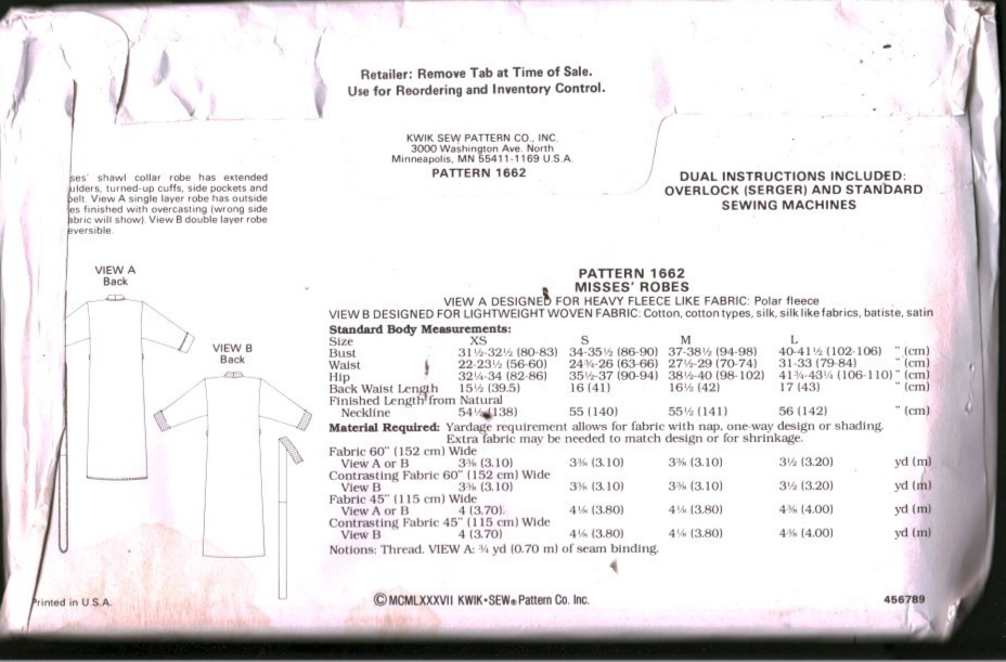 1662 Vintage Kwik Sew SEWING Pattern Misses Robe Bathrobe UNCUT OOP XS ...