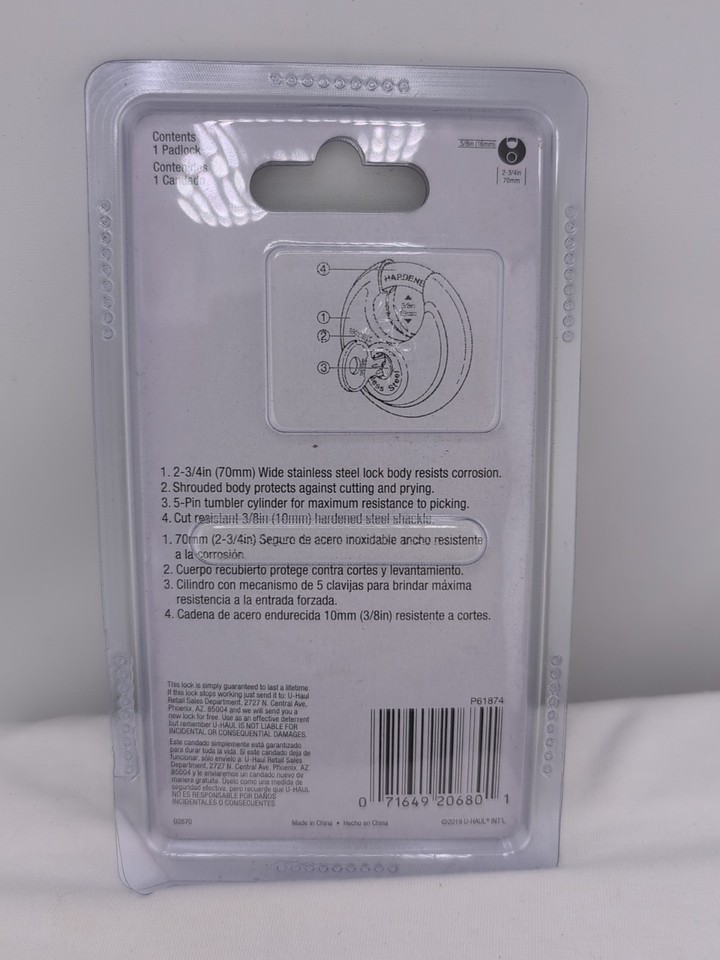 U-Haul Max Security Storage Lock 2-3/4" Stainless Steel 02870 Padlock 5 ...
