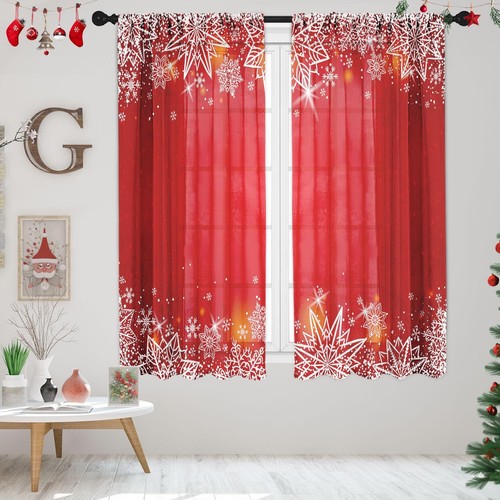 Christmas Snowflake Red Curtains, Snow Winter Sheer Curtains,Rod Pocket ...