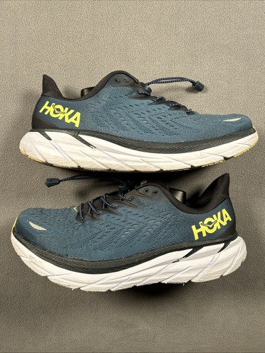 HOKA Mens Size 10.52E Clifton 8 Wide Blue Coral/Butterfly Lock Laces ...
