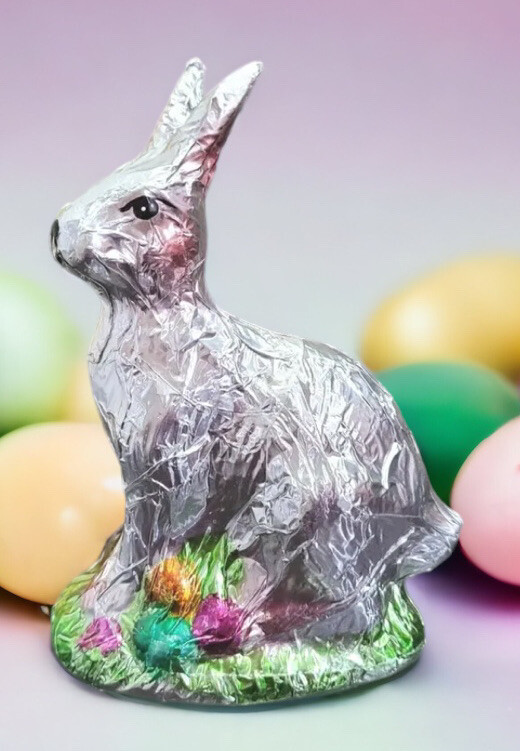 FAUX CHOCOLATE FOIL EASTER BUNNY RABBIT EGG SILVER STATUE FIGURINE ...