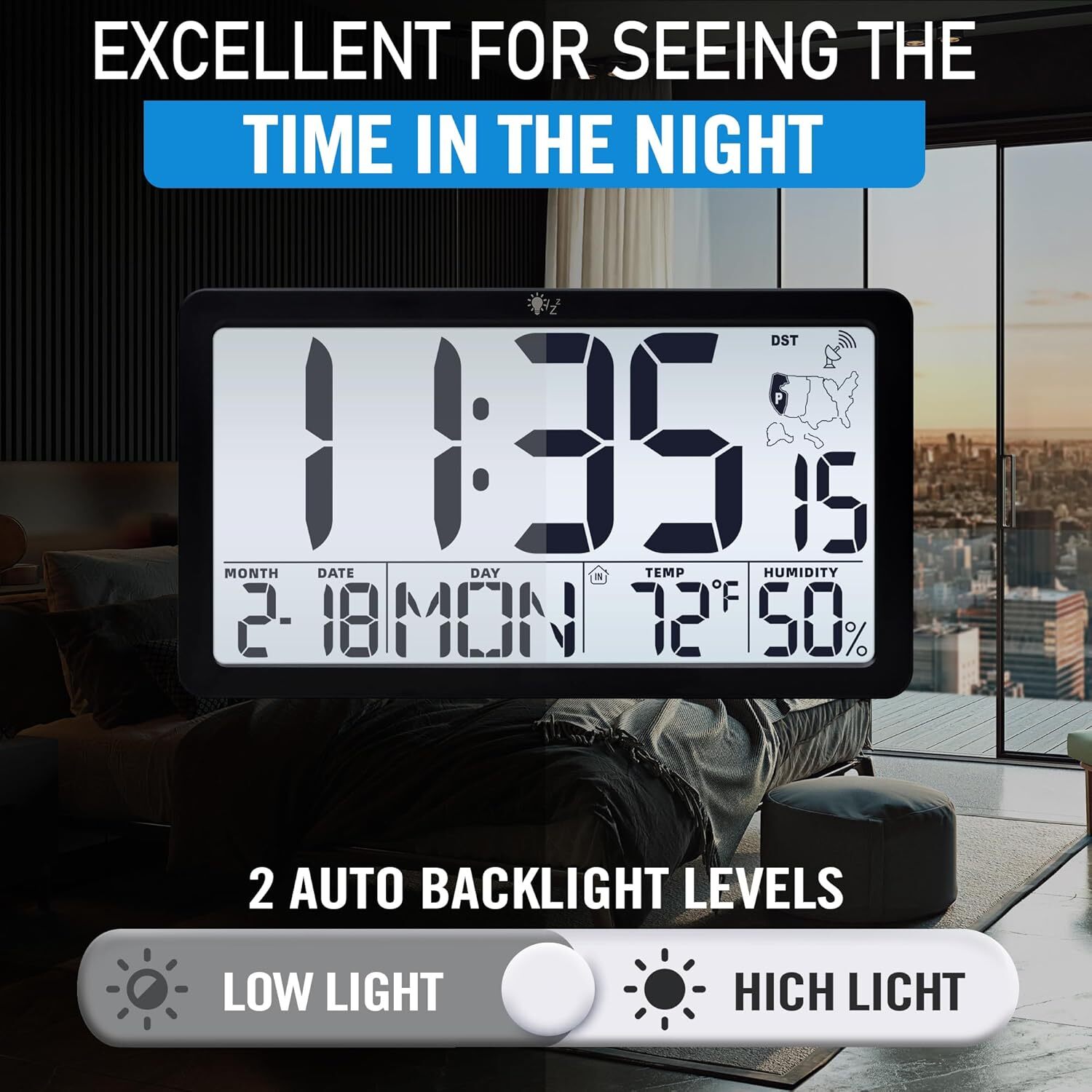 Atomic Wall Clock with Backlight, Battery Operated Digital Wall Clock ...