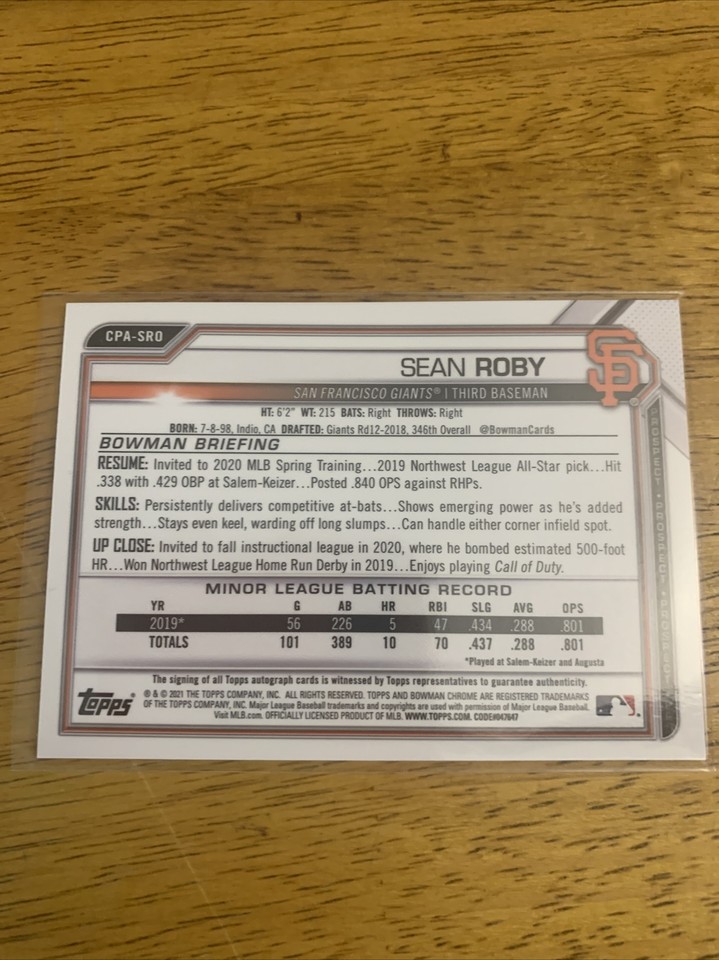 2021 Bowman Chrome 1st Auto Sean Roby | eBay