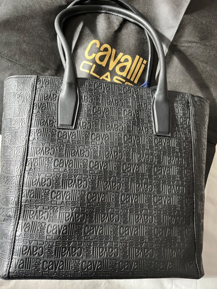 New Cavalli Class by Roberto Cavalli Monogram Embossed Black Leather ...