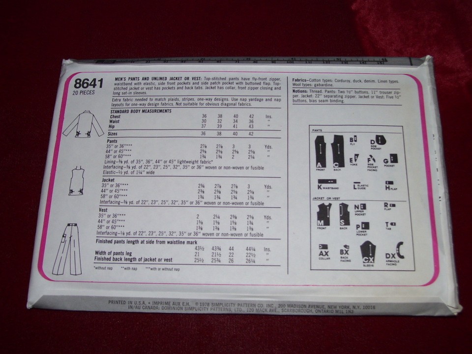 🍄 1978 UNCIRCULATED SIMPLICITY #8641 - MEN'S VEST-JACKET-PANTS PATTERN ...