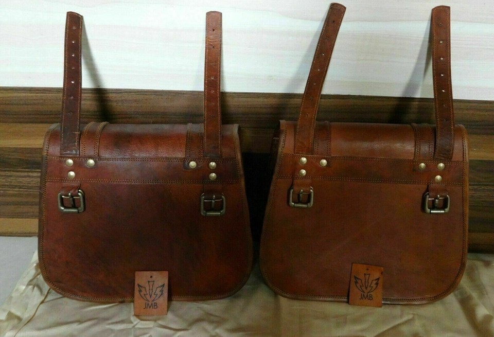 1 Pair Genuine Brown Leather Saddle Bag Motorcycle 2 Side Bag Panniers ...