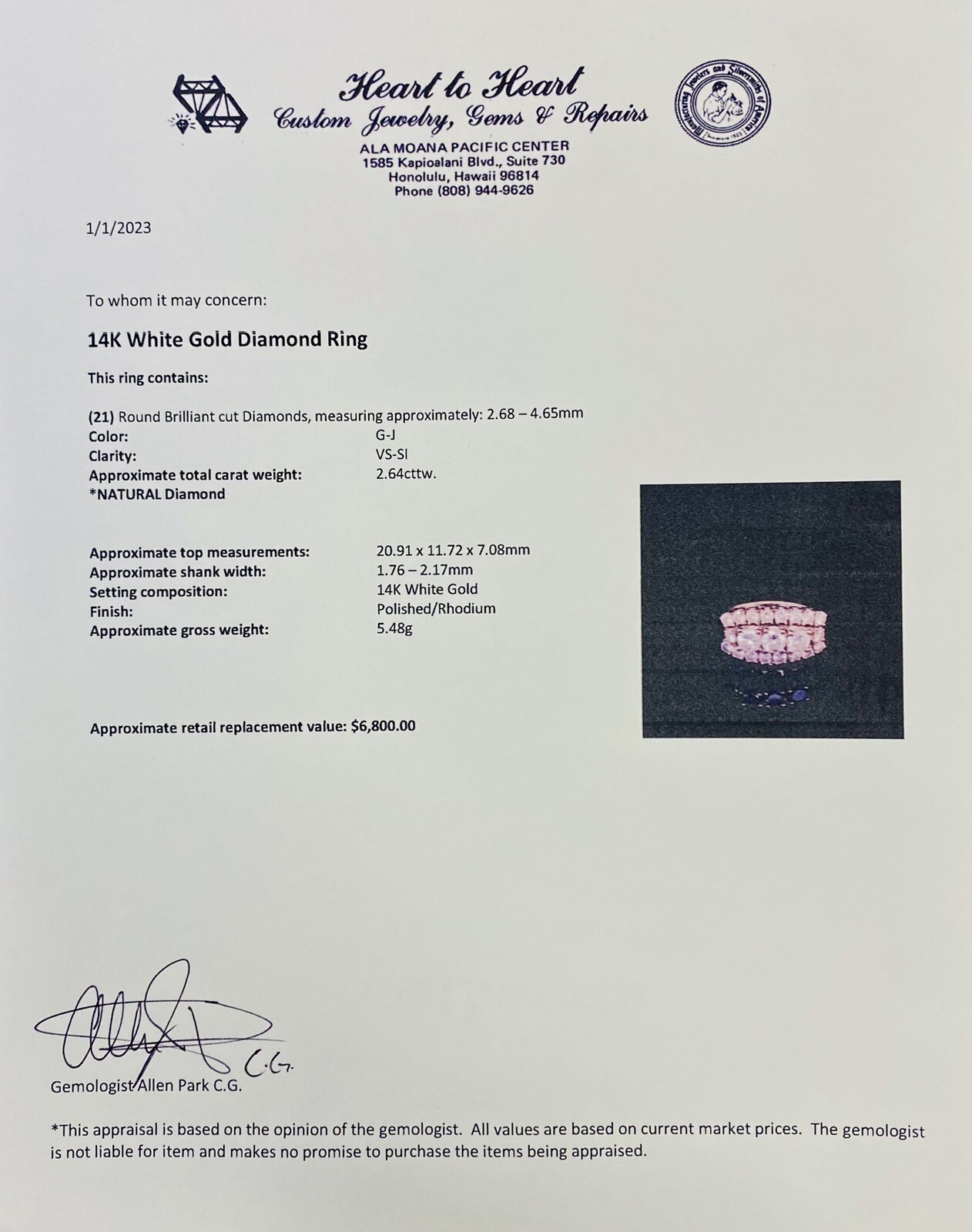 GG Certified 14K White Gold 2.64ctw Diamond Size 8.5 Ring 5.4g Value ...