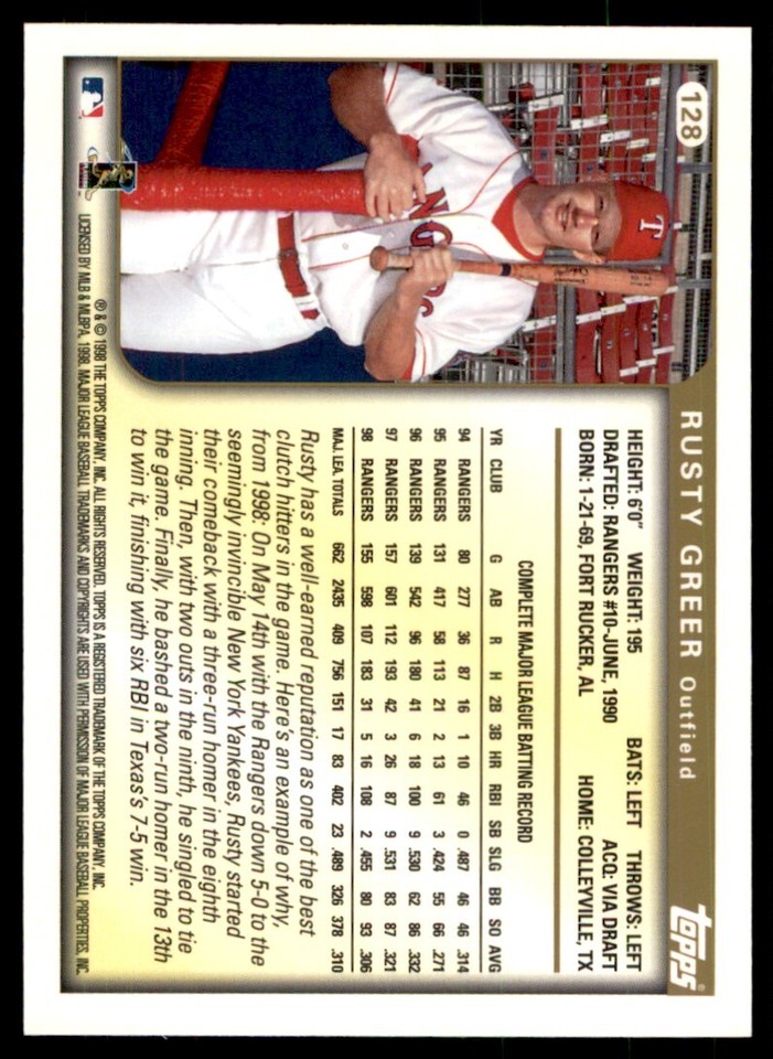 1999 TOPPS RUSTY GREER TEXAS RANGERS #75 | eBay
