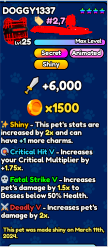 Roblox Pet Catchers - Shiny Doggy1337 (LIMITED SECRET) | eBay