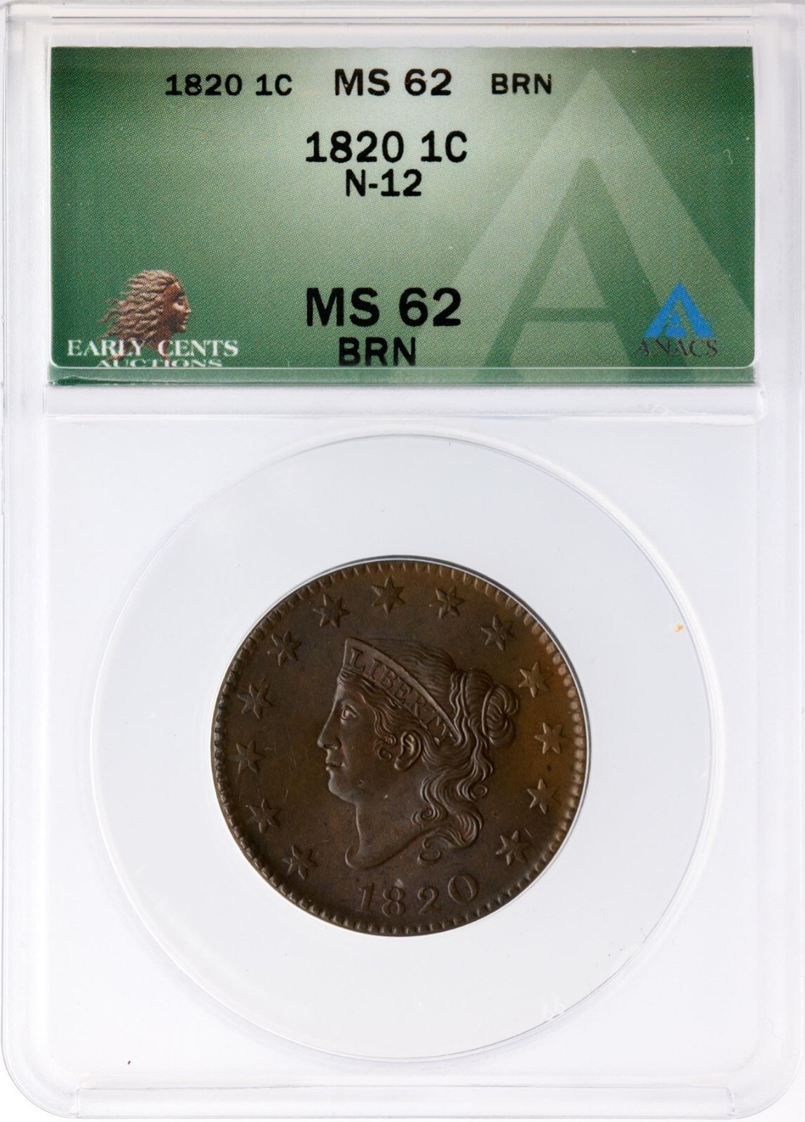1820 N-12 R-3 ANACS MS 62 BN Matron or Coronet Head Large Cent Coin 1c ...