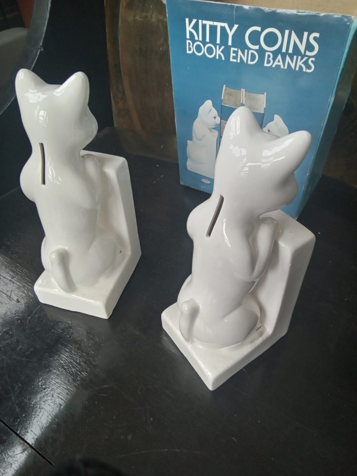 Vintage Cat Bookend / Coin Banks White Cats Ceramic 8" Beautiful Item ...