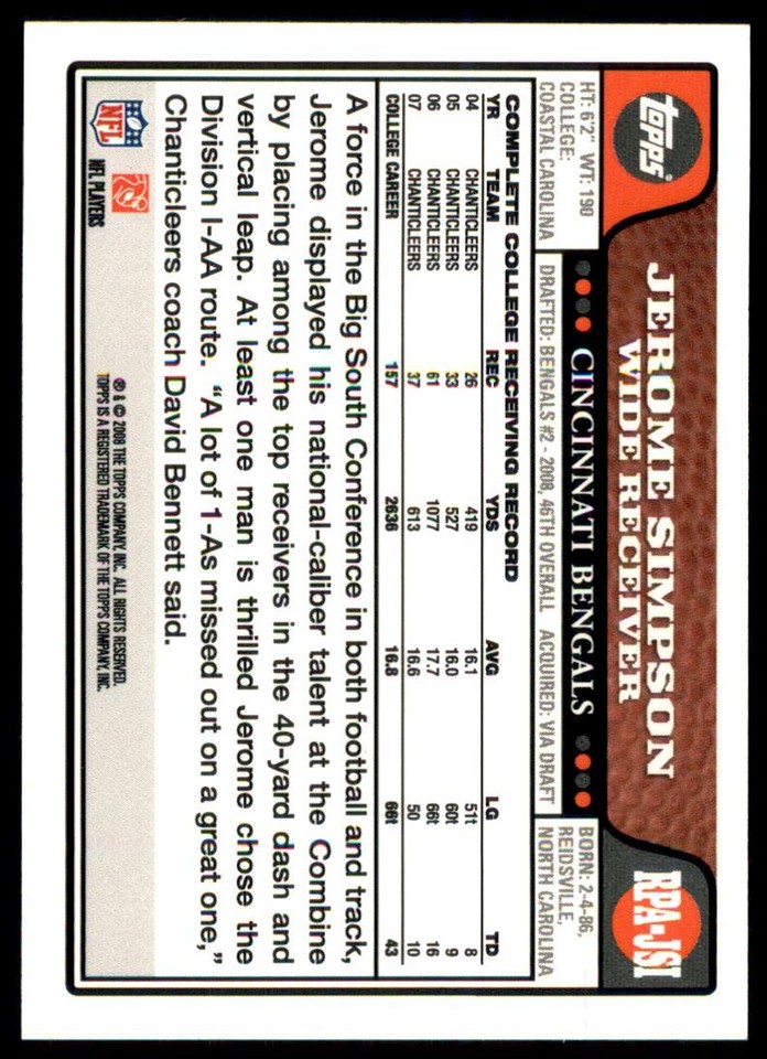 2008 Topps Rookie Premiere Autographs #RPAJSI Jerome Simpson | eBay