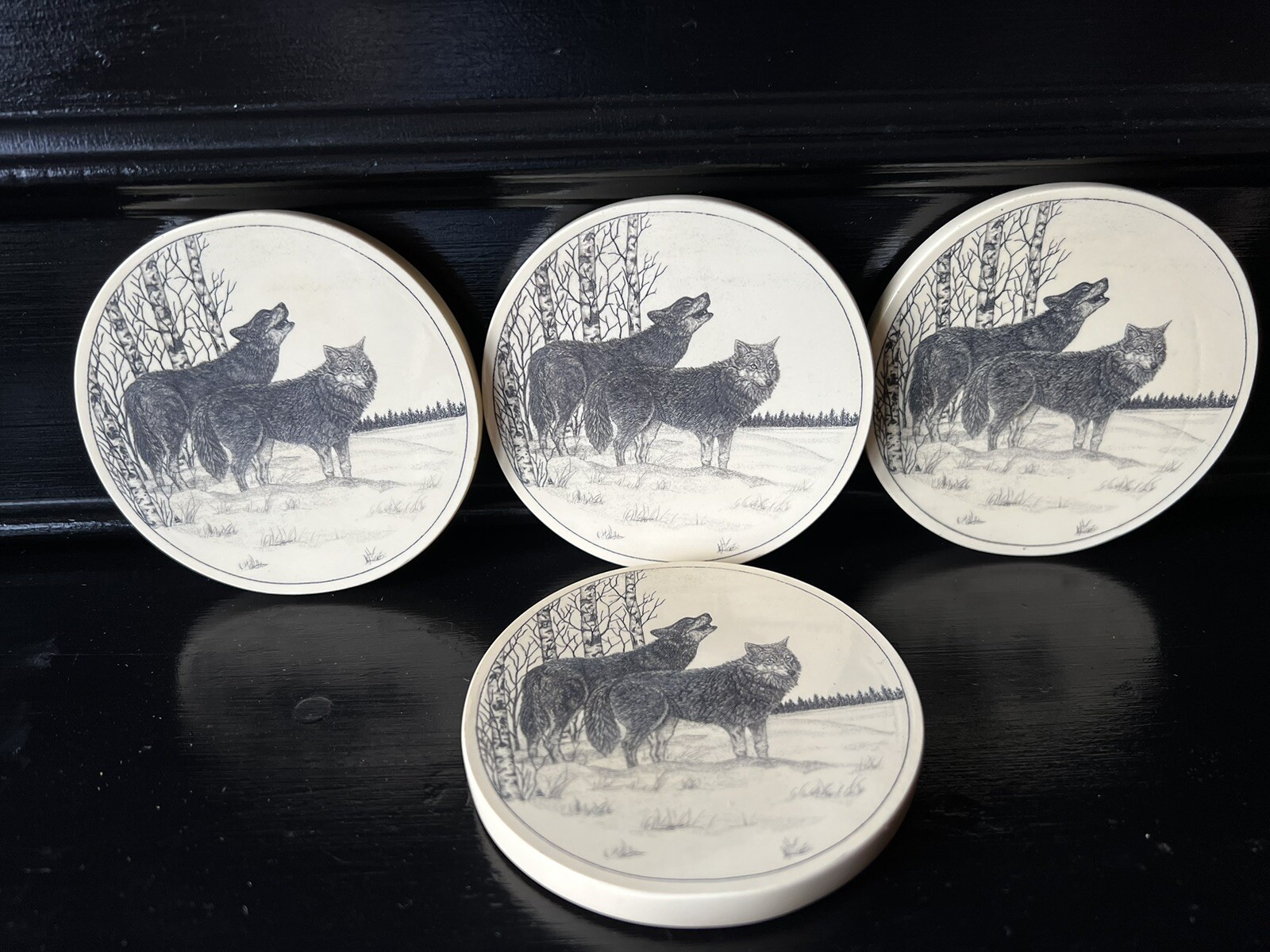 Four Wolves Scrimshaw Etched Cork-Lined Coaster By Barlow 3-1/8" Round ...