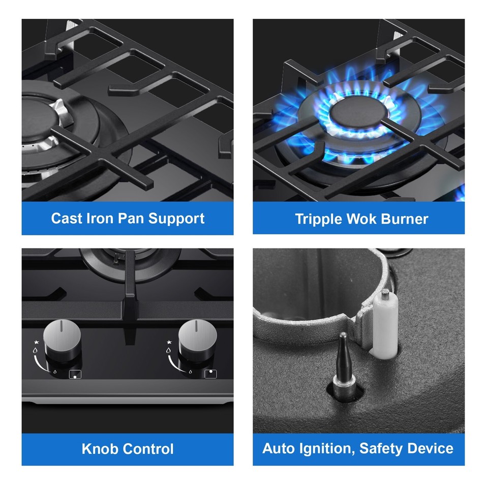 30cm Gas Cooktop Black Tempered Glass 2 Burners Built-in Hob NG/LPG ...