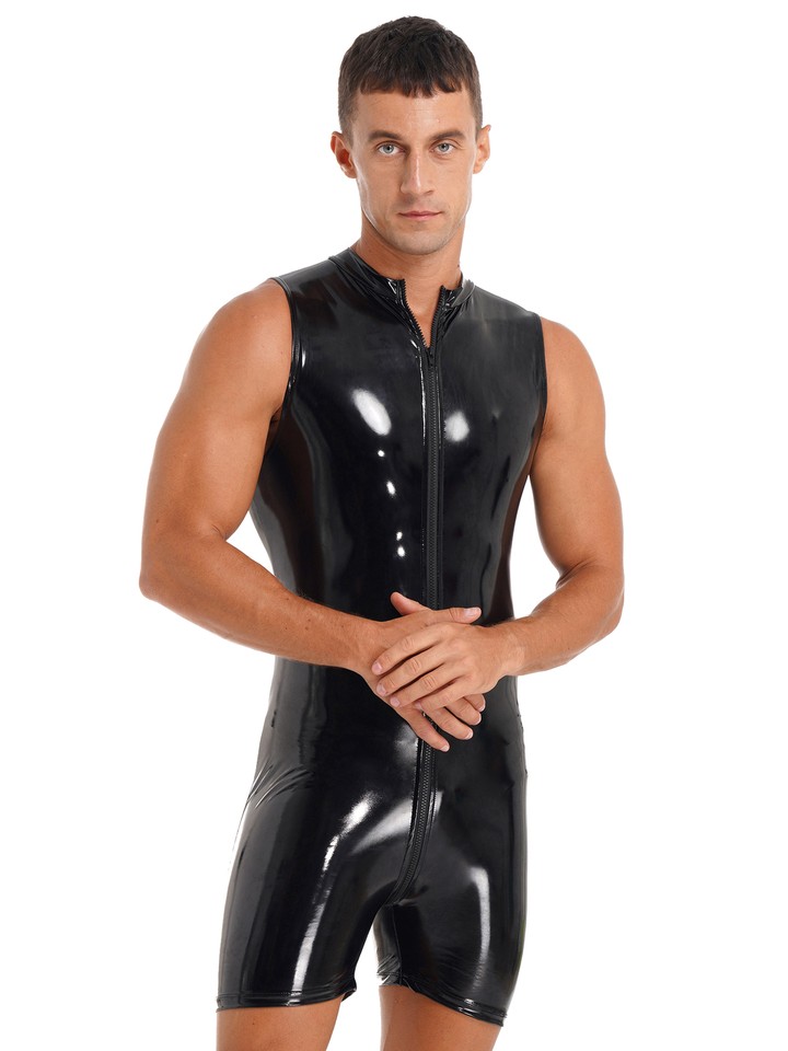 Men's Wetlook PVC Leather Front Zipper Bodysuit Boxer Shorts Jumpsuits ...