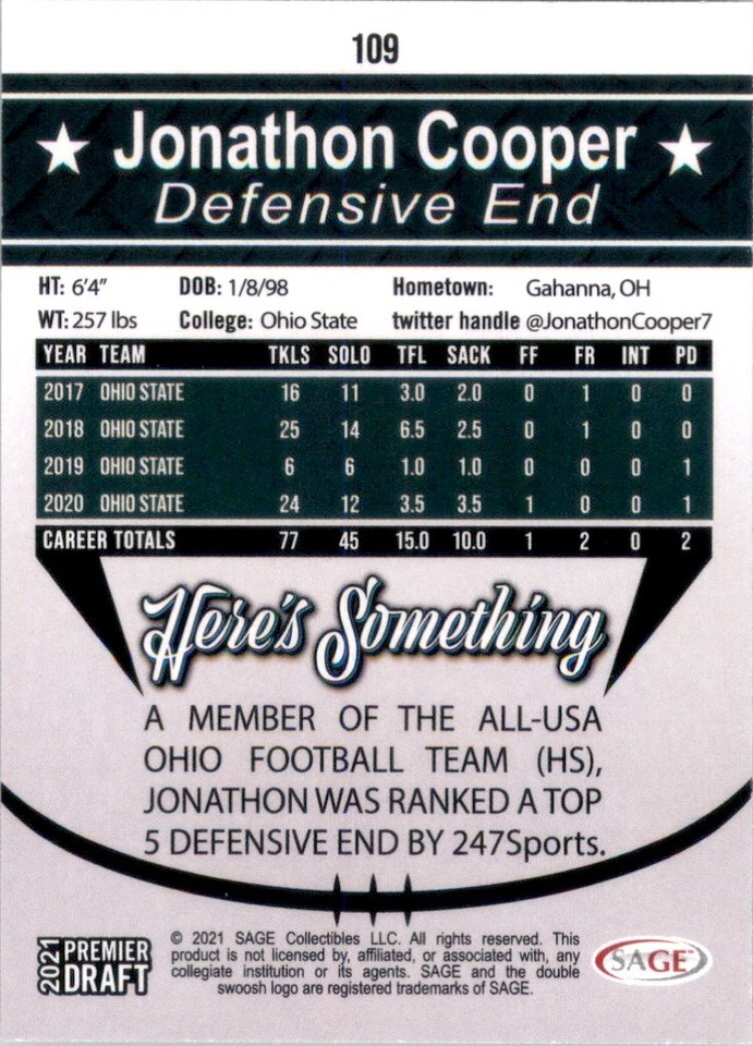 2021 SAGE HIT Silver Football Cards Jonathon Cooper #109 TW32644 | eBay