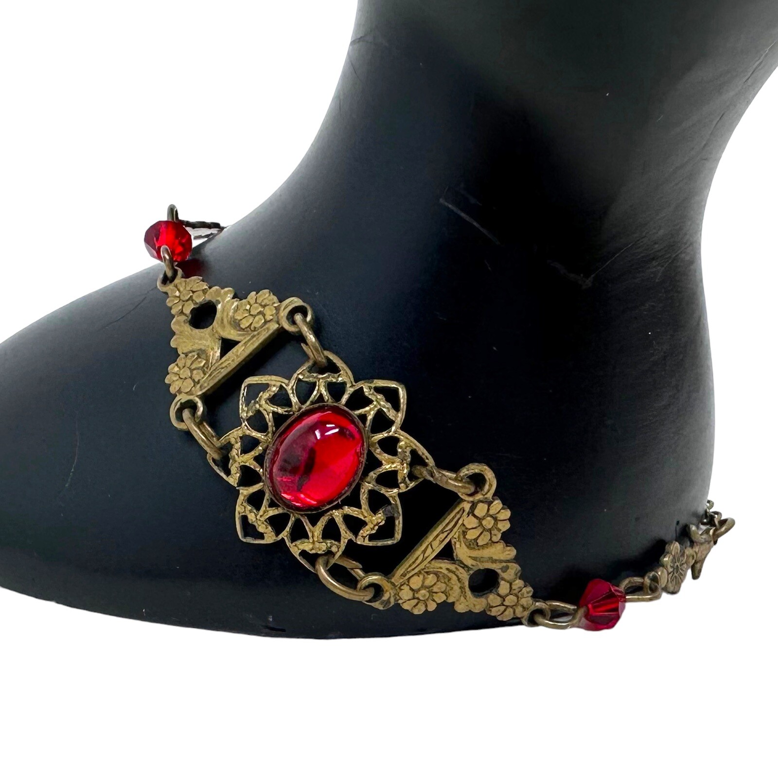 Antique 1920s Delicate Brass Tone Red Cabochon Bracel… - Gem