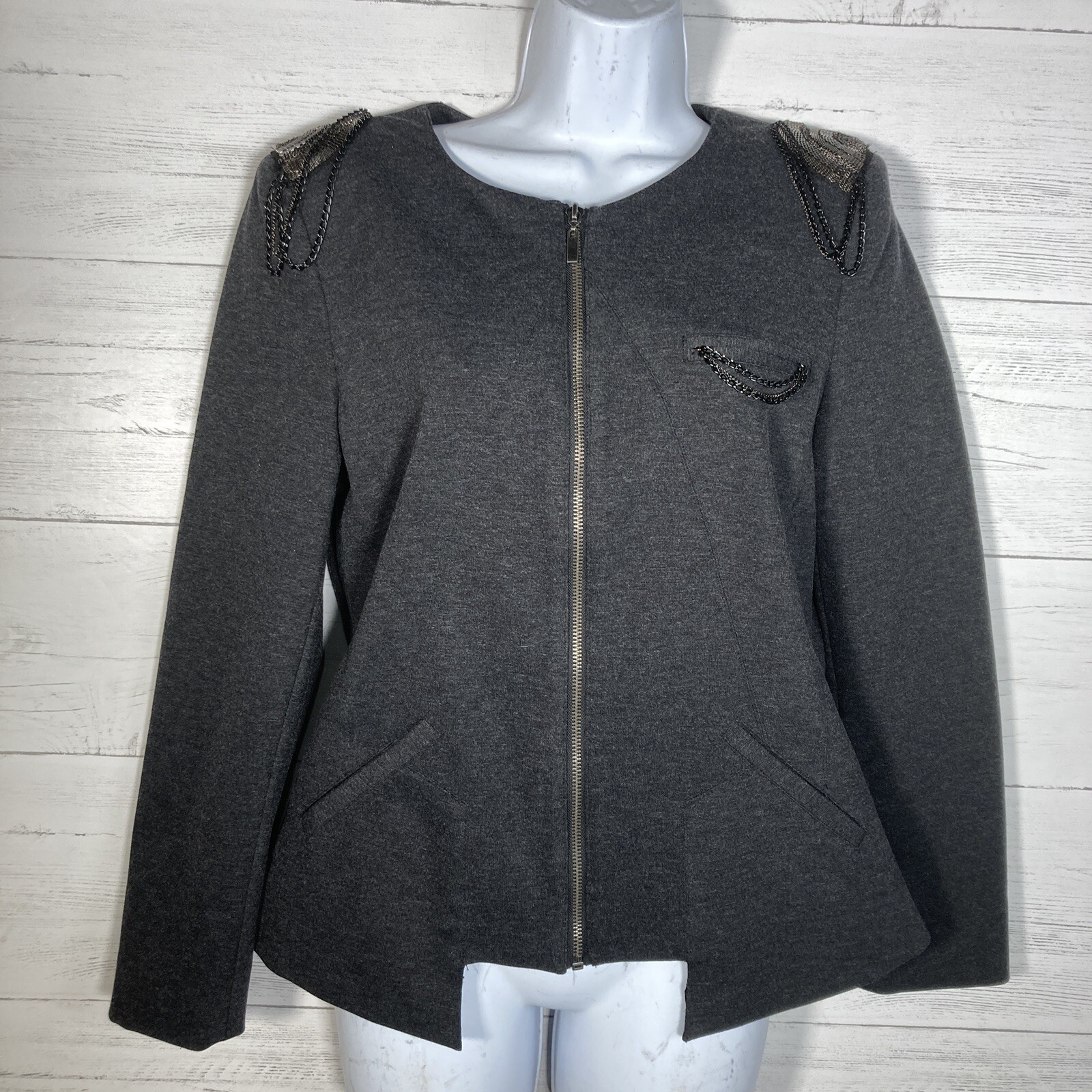 Cache Gray Zip Knit Blazer Shoulder Chains Women’s Sz… - Gem