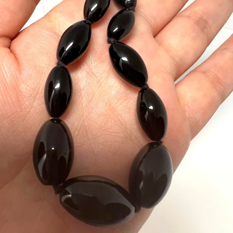 Art-Déco Obsidian Kette 62 cm – schwarze Olivenperlen, einzeln geknüpft ...
