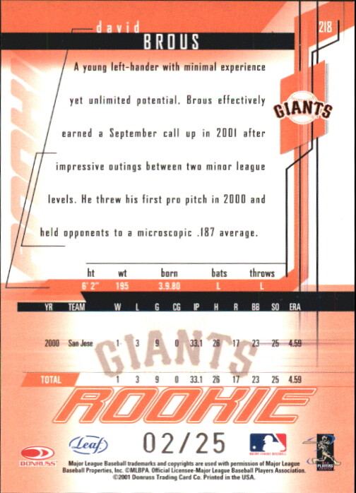 2001 Leaf Rookies and Stars Longevity #218 David Brous Rookie RC SP ...