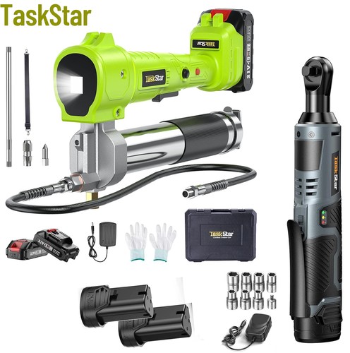 Green Electric Grease Gun (10000 PSI) & 3/8” Cordless Ratchet Set ...