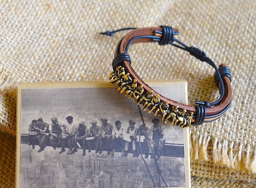Iron Workers Having Lunch on High Beam Gold Brass Leather Bracelet ...