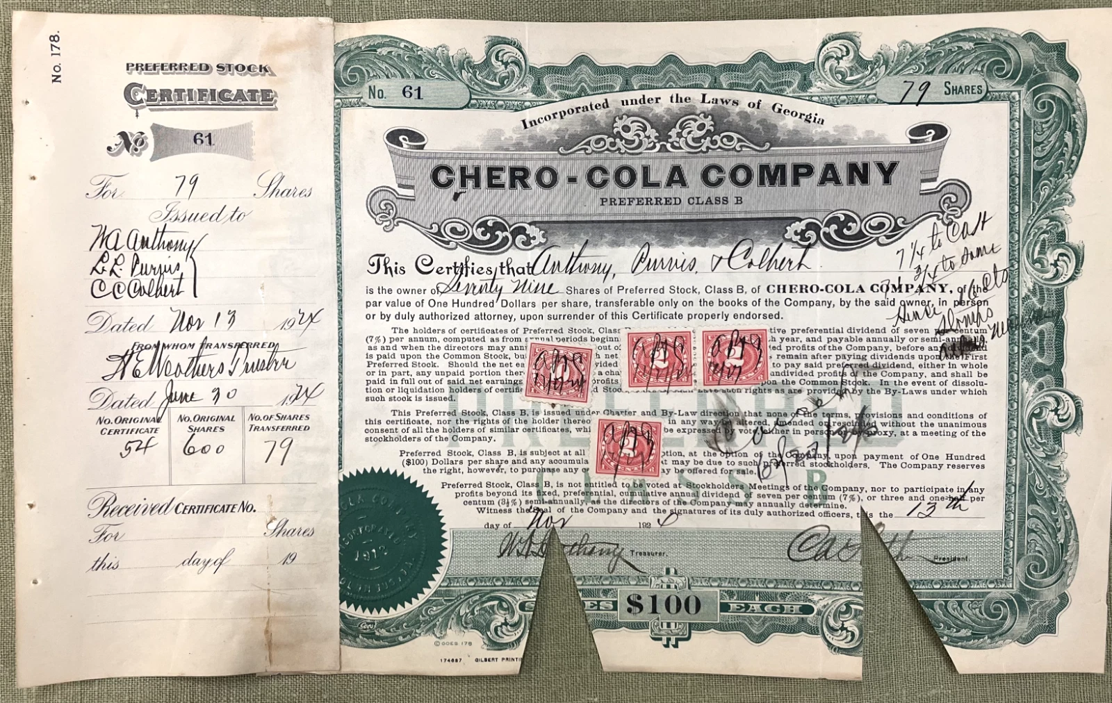 RARE Original Chero Cola Stock Certificate Signed by Royal Crown Cola ...