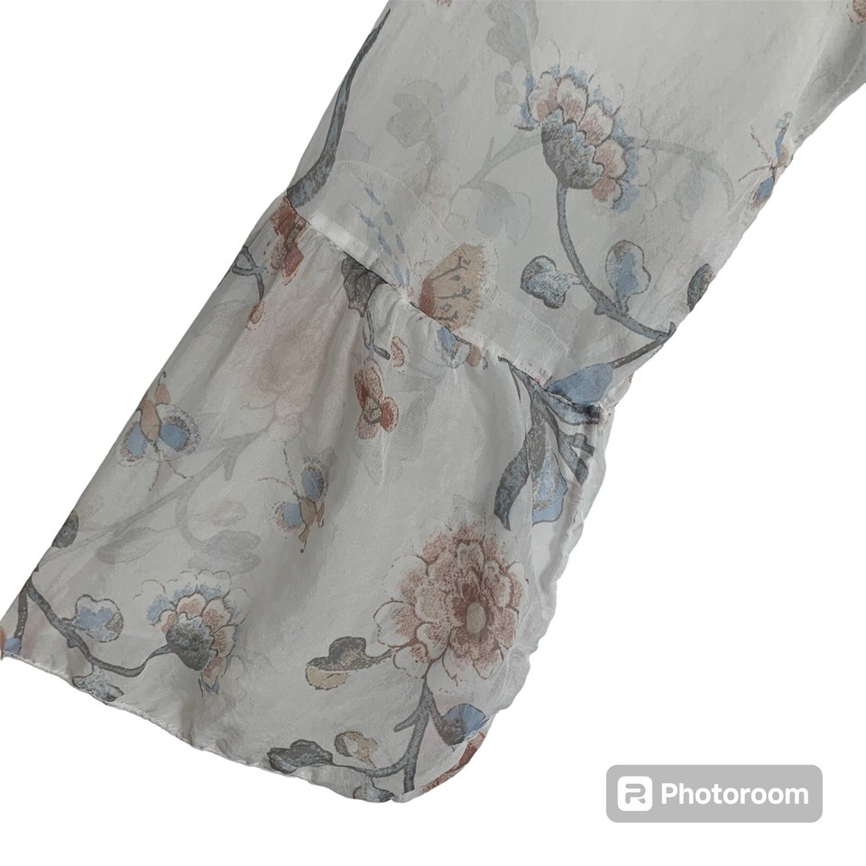 Angela Moda Italy Womens Size S Silk White Blue Gray Pink Floral Print ...