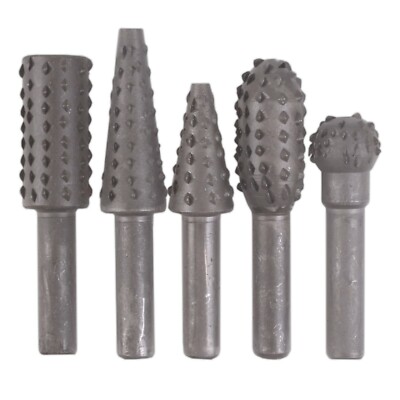 5Pc ROTARY BURR SET Wood Carving File Rasp Power Drill Bits Cone Ball ...