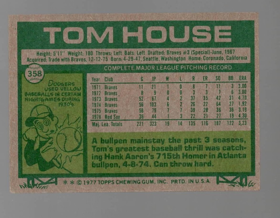 1977 Topps Tom House Boston Red Sox #358 Very Good | eBay