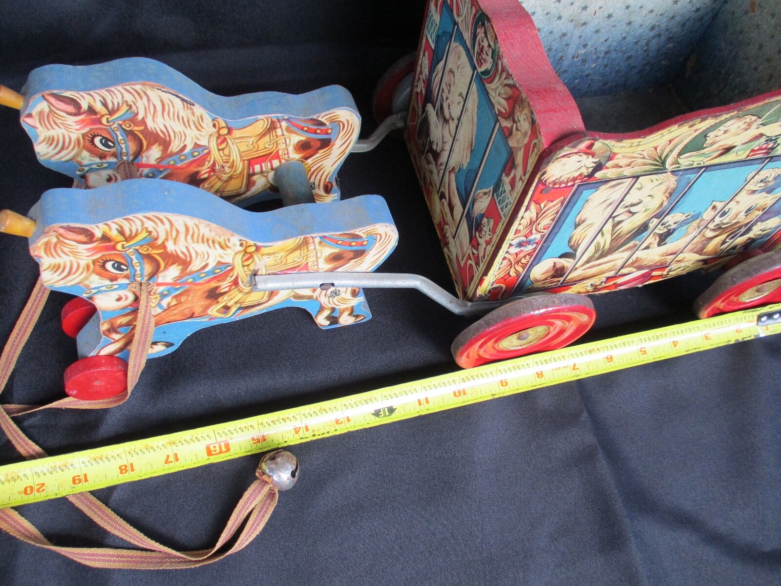 Vintage 1957 Gong Bell Wood Horses & Circus Wagon Pull Toy w/ Metal ...