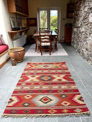 Living Room Rug Red Kilim Geometric Fine Wool Cotton Ethical Area ...