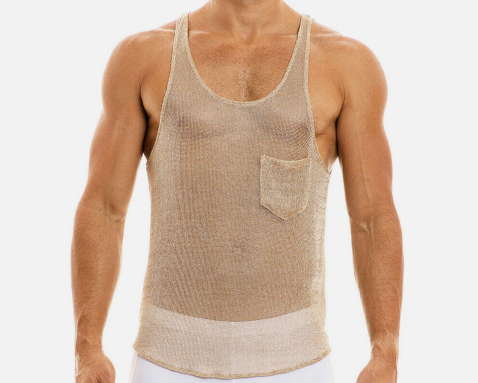INCERUN Men's Gold Size XL Scoop Neck Sheer Mesh Metallic Pocket Tank ...