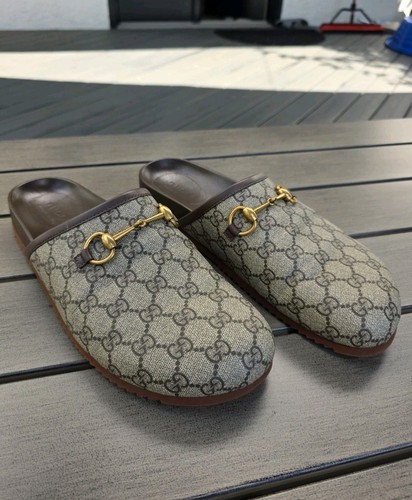 GUCCI Mens Horsebit GG Monogram Canvas Mules Clogs Slides Sandal ...